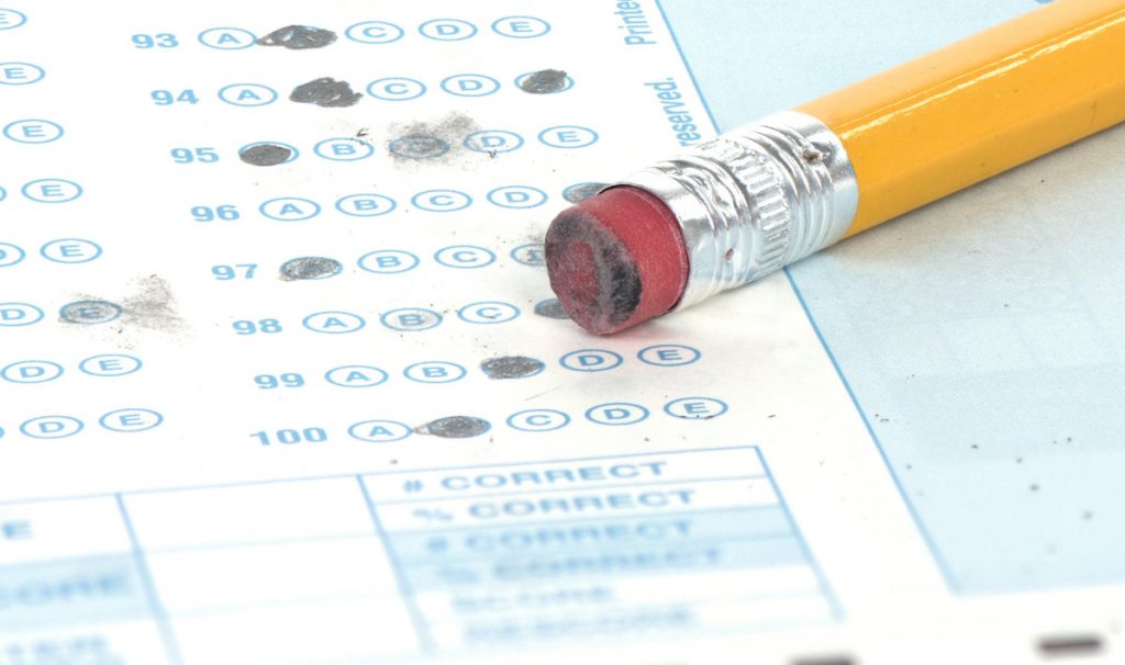 Standardized test form with pencil and eraser with a shallow depth of ...