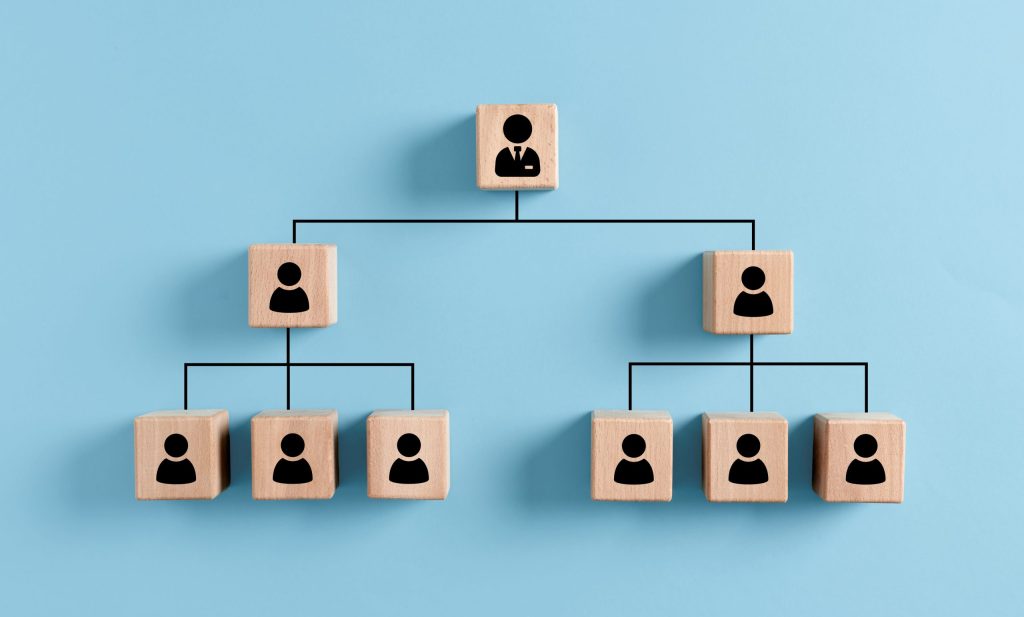 Company hierarchical organizational chart of wooden cubes on blu — The ...